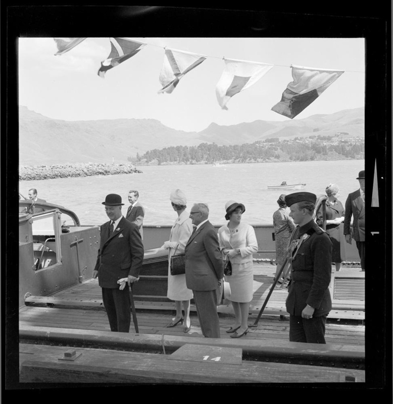 Officials on ship. Governor General Ferguson arrives in Lyttelton to ...