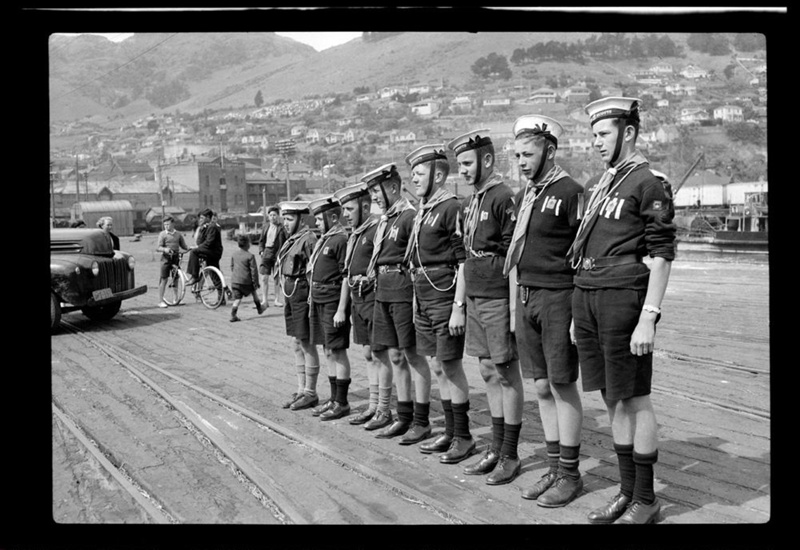 8 scouts (boys) lined up on wharf, sea scouts.; Unknown; 1950-2000 ...