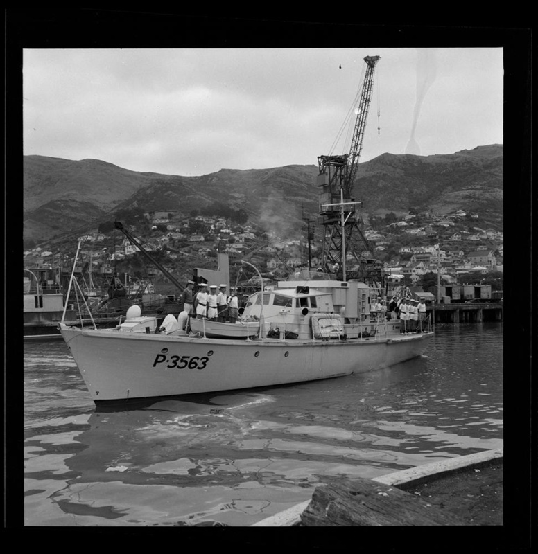 15 unidentified young men standing on deck of HMNZS 'Kuparu', P3563, in ...