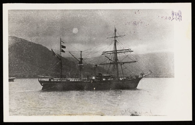 Reproduction of an older photo. The sailing ship 'Nimrod' in Lyttelton ...