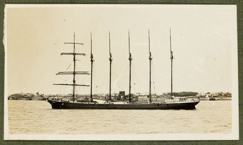 Unidentified six-masted sailing ship in port.; Unknown; 1900-1950 ...