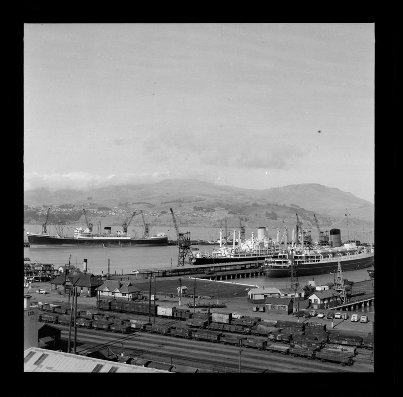 View of ships in Lyttelton Port, August 1961. Union Ship Co TEV 'Maori ...