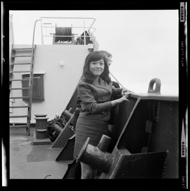 An unidentified woman on deck of the 'Magga Dan' in Lyttelton Port ...