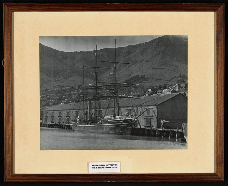 The 'Terra Nova' at wharf in Lyttelton Port, 1910. Glazed, wooden frame ...