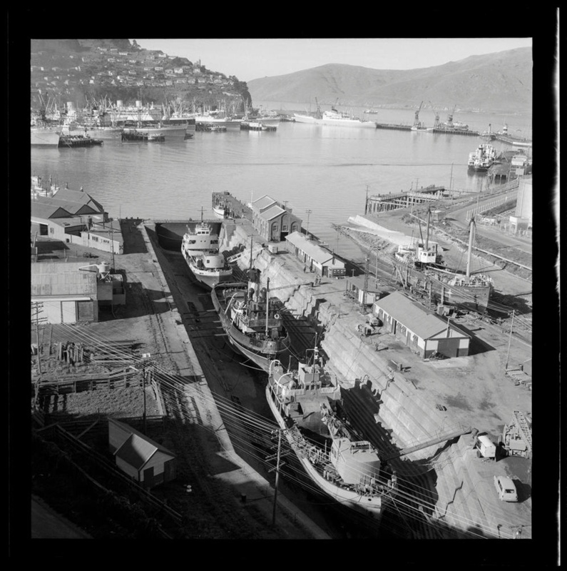 Three vessels in dry dock plus one on the slipway, Lyttelton. ; Unknown ...
