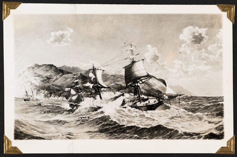 Reproduction of a painting. The wreck of the H.M.S. 'Orpheus', 7 ...