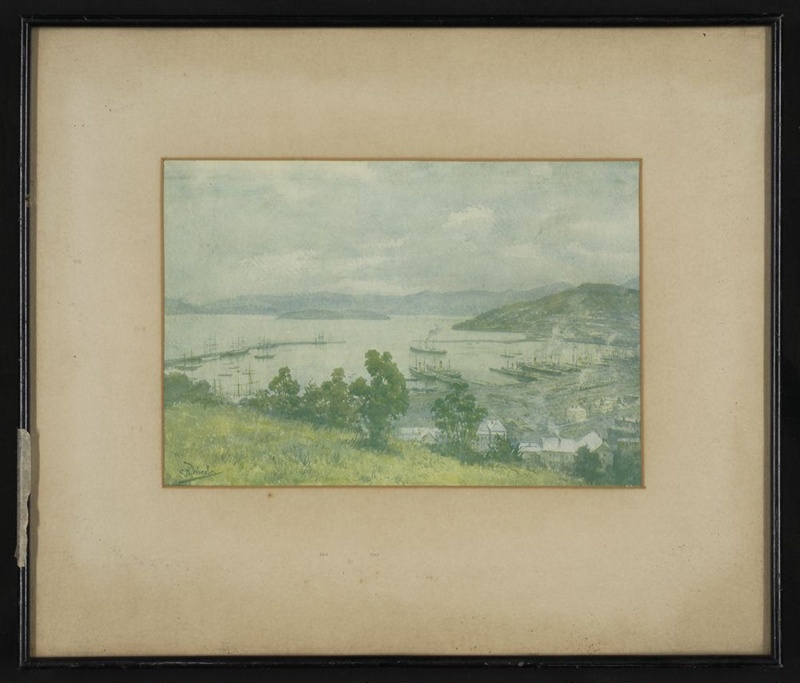 Colour print of painting signed "C.N. Worsley". View of Lyttelton and ...