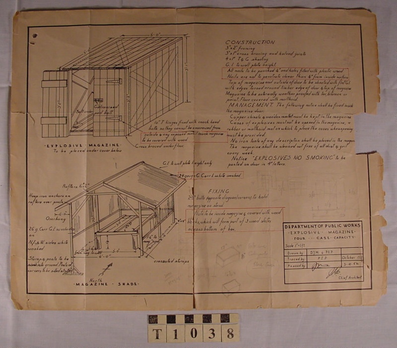Architectural Drawing (Explosive magazine); D.J.M and P.E.P. (initials ...