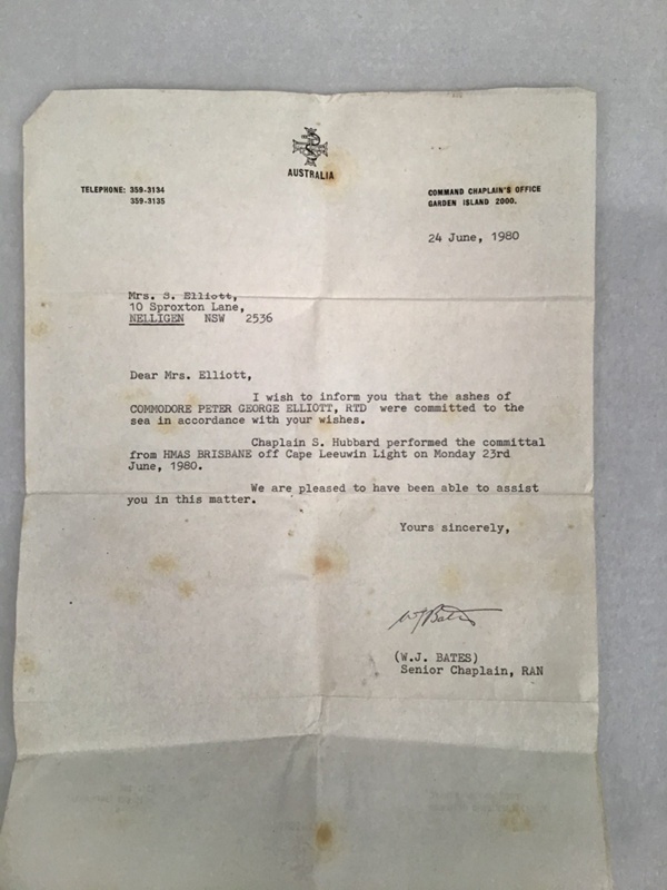 Commodore Peter George Elliott. Resignation letter and confirmation of ...