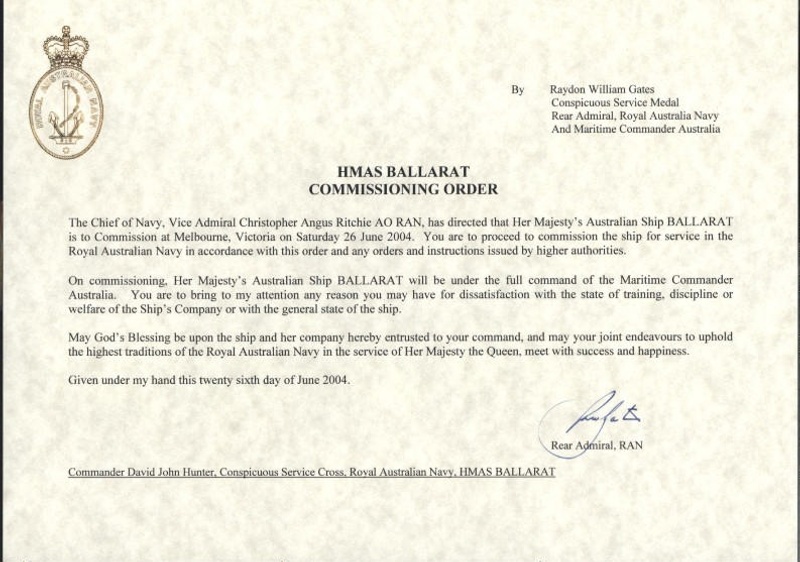 Commissioning Order; HMAS BALLARAT (II); Royal Australian Navy; 2004 ...