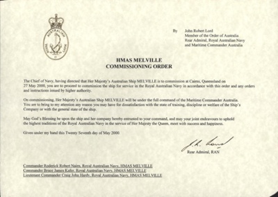 Commissioning Order; HMAS MELVILLE; Royal Australian Navy; 2000; NAVY ...