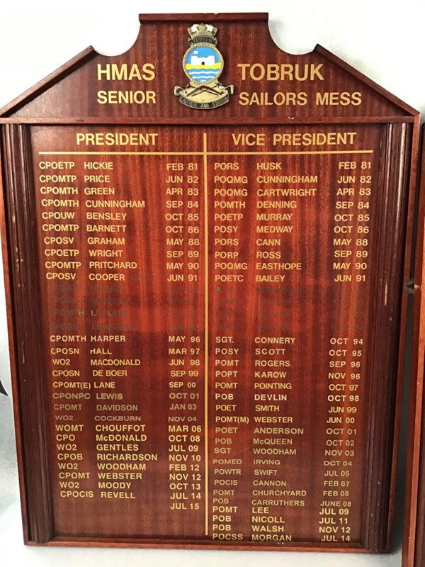 Honour Boards; Senior Sailors Mess and Wardroom Presidents; HMAS Tobruk ...