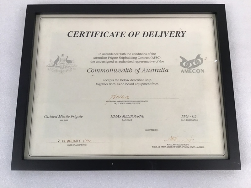 Framed Certificate of Delivery; HMAS Melbourne III; 1992; 15740-00 | eHive