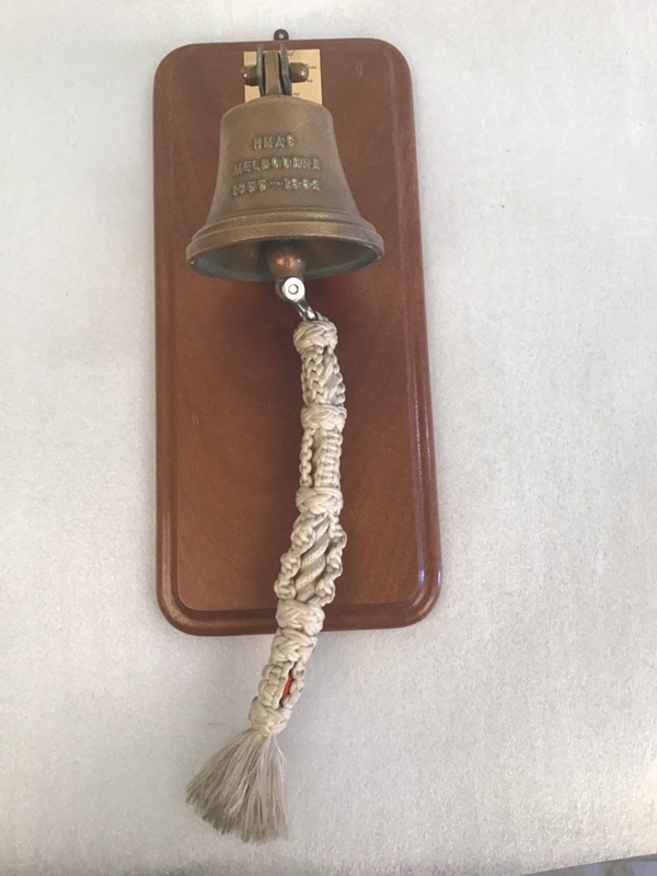 Ship’s Mess Bell, Bell Rope and Clapper mounted on wooden backing; HMAS ...