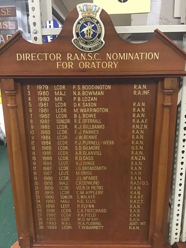 Honour Board; Director R.A.N.S.C. Nomination for Oratory; 1979-2000 ...