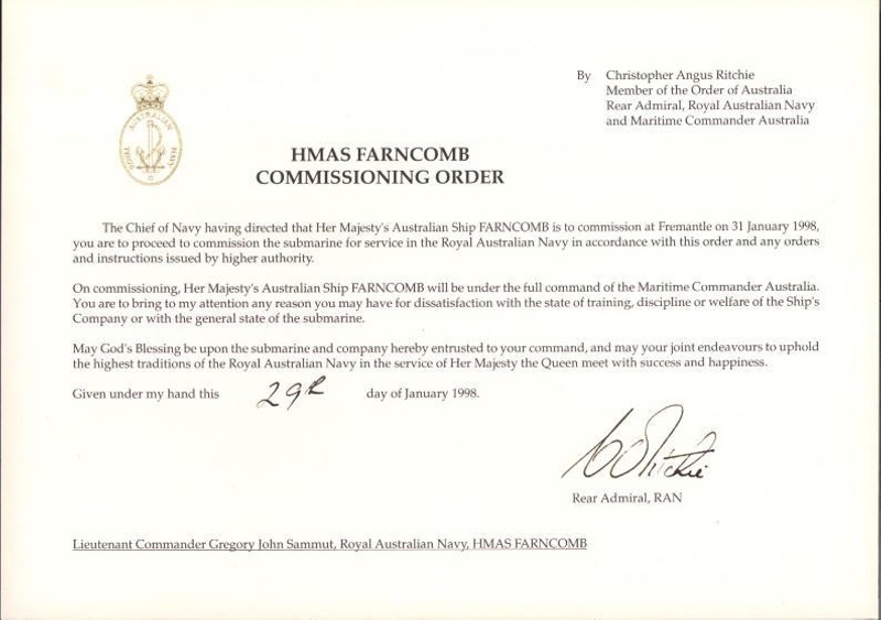 Commissioning Order; HMAS FARNCOMB; Royal Australian Navy; 1998; NAVY ...