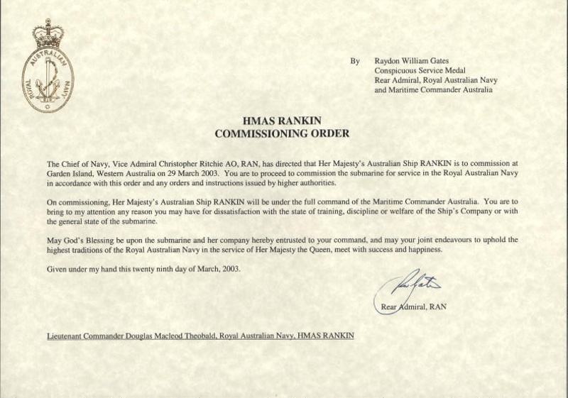 Commissioning Order; HMAS RANKIN; Royal Australian Navy; 2003; NAVY-585 ...