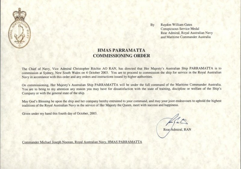 Commissioning Order; HMAS PARRAMATTA (IV); Royal Australian Navy; 2003 ...