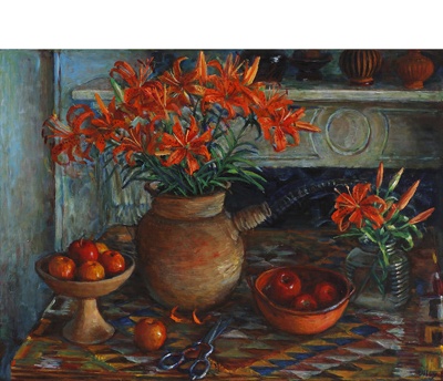 Still life (Orange liliums and terracotta pots); Margaret Olley; 1986 ...