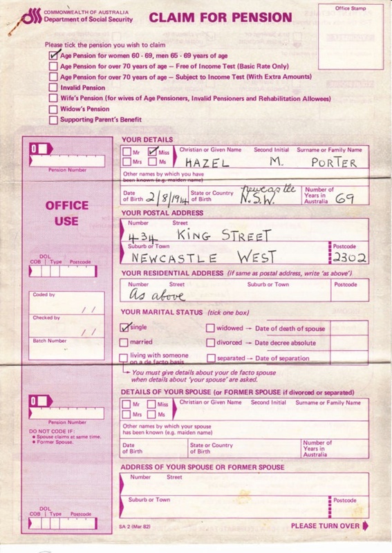 Personal Papers - Form Social Security Hazel aged pension 1983; PH 1886 ...