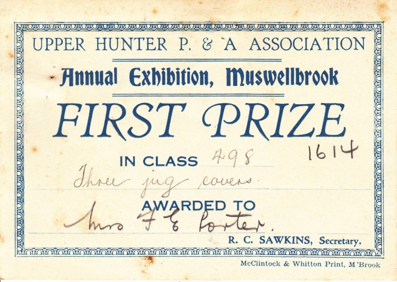 Ephemera - Certificate F.E. Porter Jug Covers Muswellbrook Show; PH ...