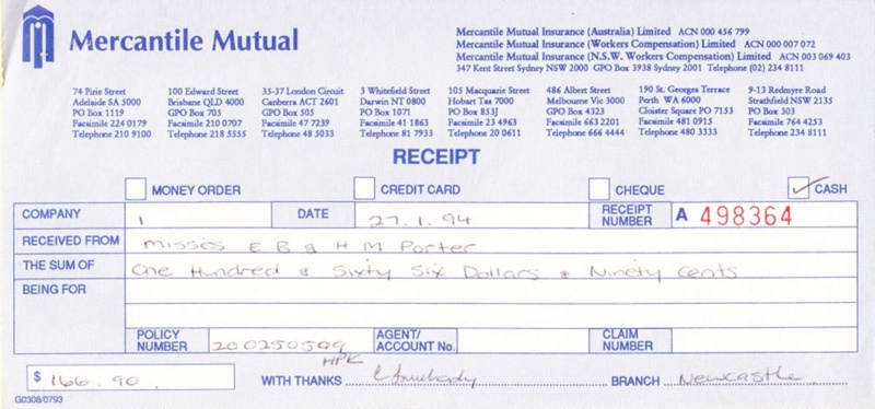 Personal Papers - Receipt for Home Insurance from Mercantile Mutual ...