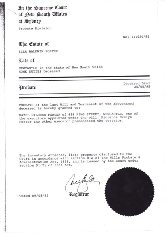 Personal Papers - Probate Certificate for Ella Baldwin 9th August 1995 ...