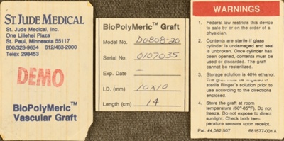 Labels from the BioPoliMetric Vascular Graft Packaging; St. Jude ...