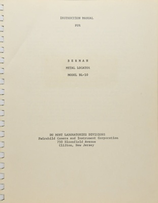 Berman Metal Locator Model BL-10 Instructions; DuMont Laboratories ...
