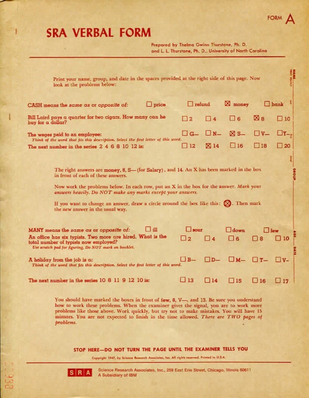 SRA Verbal Test; Thurstone, T.G.; 1947 on eHive
