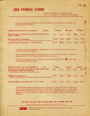 SRA Verbal Test; Thurstone, T.G.; 1947 | eHive