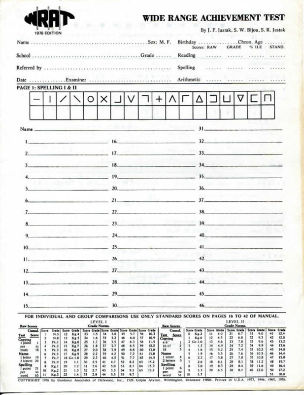 Wide Range Achievement Test; Jastak, J.F.; 1946 | eHive