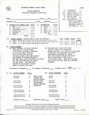Wechsler Memory Scale (Form I &II) ; Wechsler, D.; 1973 | eHive