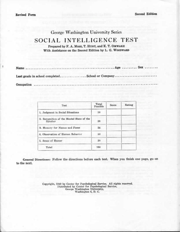 Social Intelligence Test (George Washington University Series) ; Moss ...