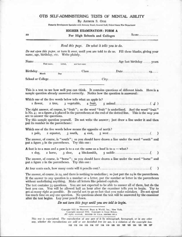 Otis Self Administering Tests of Mental Ability; Otis, A.S.; 1928 | eHive
