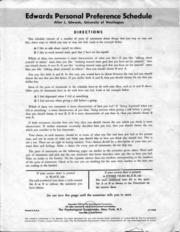 Edwards Personal Preference Schedule; Edwards, A.L.; 1953 on eHive