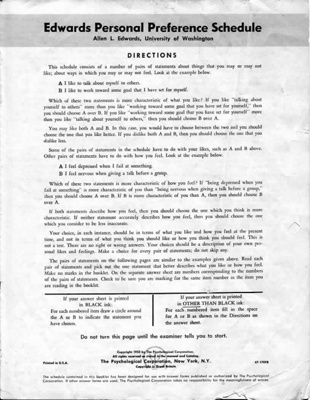 Edwards Personal Preference Schedule; Edwards, A.L.; 1953 | eHive