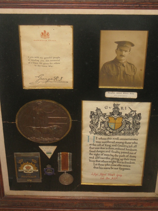 Photograph of Sergeant Alfred Stuart Gray and First World War medals; c ...