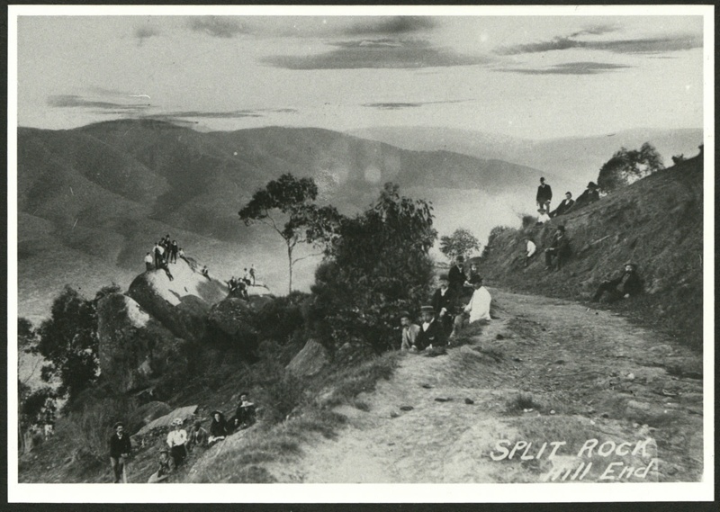 Various groups of people sitting on and around Split Rock, Hawkins Hill ...