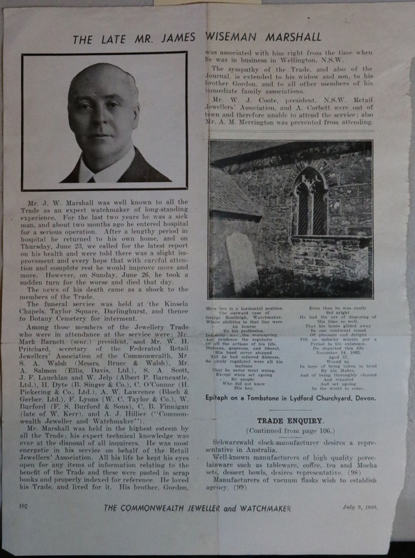 Obituary for Mr James Wiseman Marshall; The Commonwealth Jeweller and ...