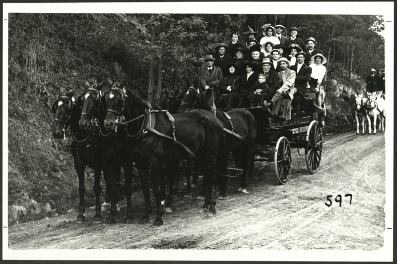 Very large group seated on a five horse drawn open coach; Unknown; 2022 ...