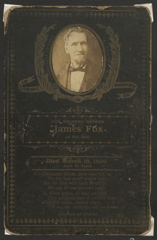 Death memorial card for James Fox of Hill End (Died 16 March 1899 aged ...