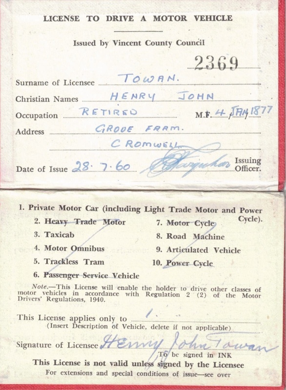 Drivers License of Henry John Towan; Vincent County Council; 1960 ...