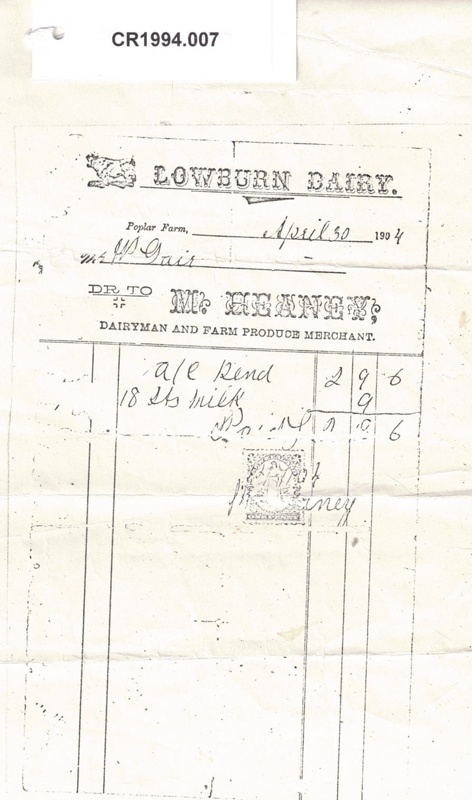 Receipt from Lowburn Dairy 1904 - photocopy.; Lowburn Dairy; 1904 ...