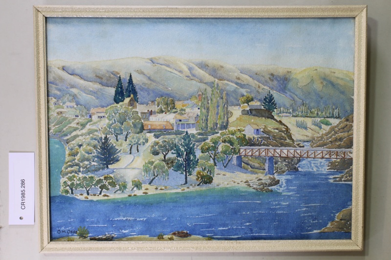 Watercolour of old Cromwell and bridge; O M Olds; CR1985.286 | eHive