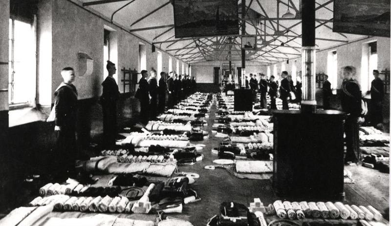 Copy photograph of kit inspection at HMS Ganges.; photographer ...