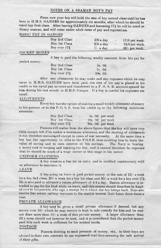 Details of Seaman Boy's basic pay at Ganges, pocket money, allotments ...