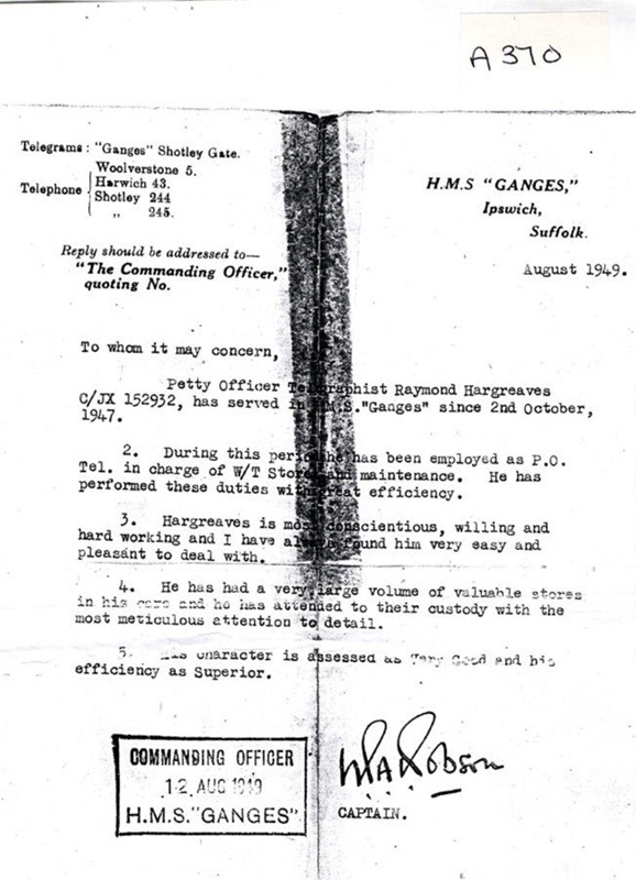 Valedictory letter from Captain HMS Ganges about Petty Officer ...