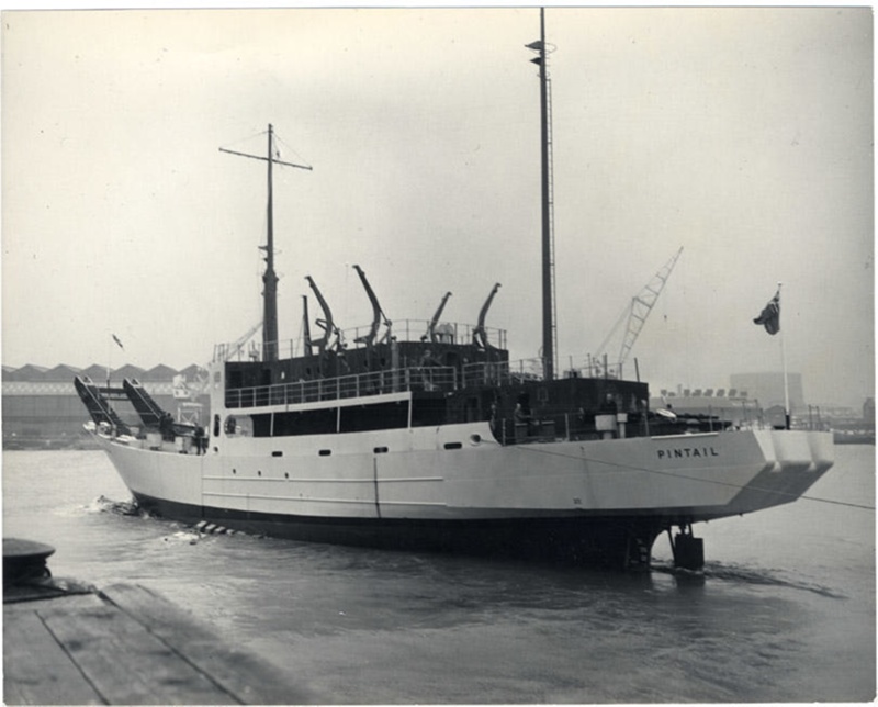 A photograph of HMS Pintail being launched, from the Pond collection ...