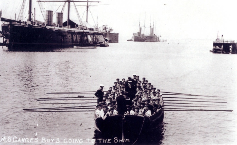 Photograph of a boat load of Boys rowing out to HMS Ganges ll; SHHMG ...